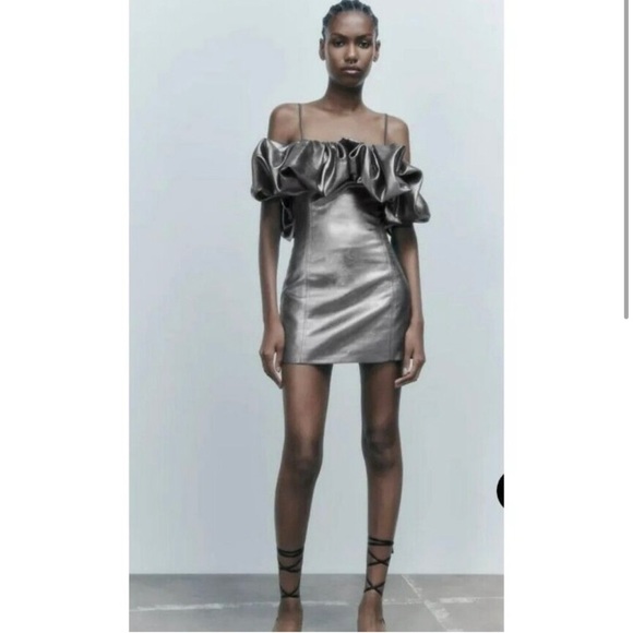 Zara | Dresses | New Zara Metallic Silver Off The Shoulder Ruffle Mini ...